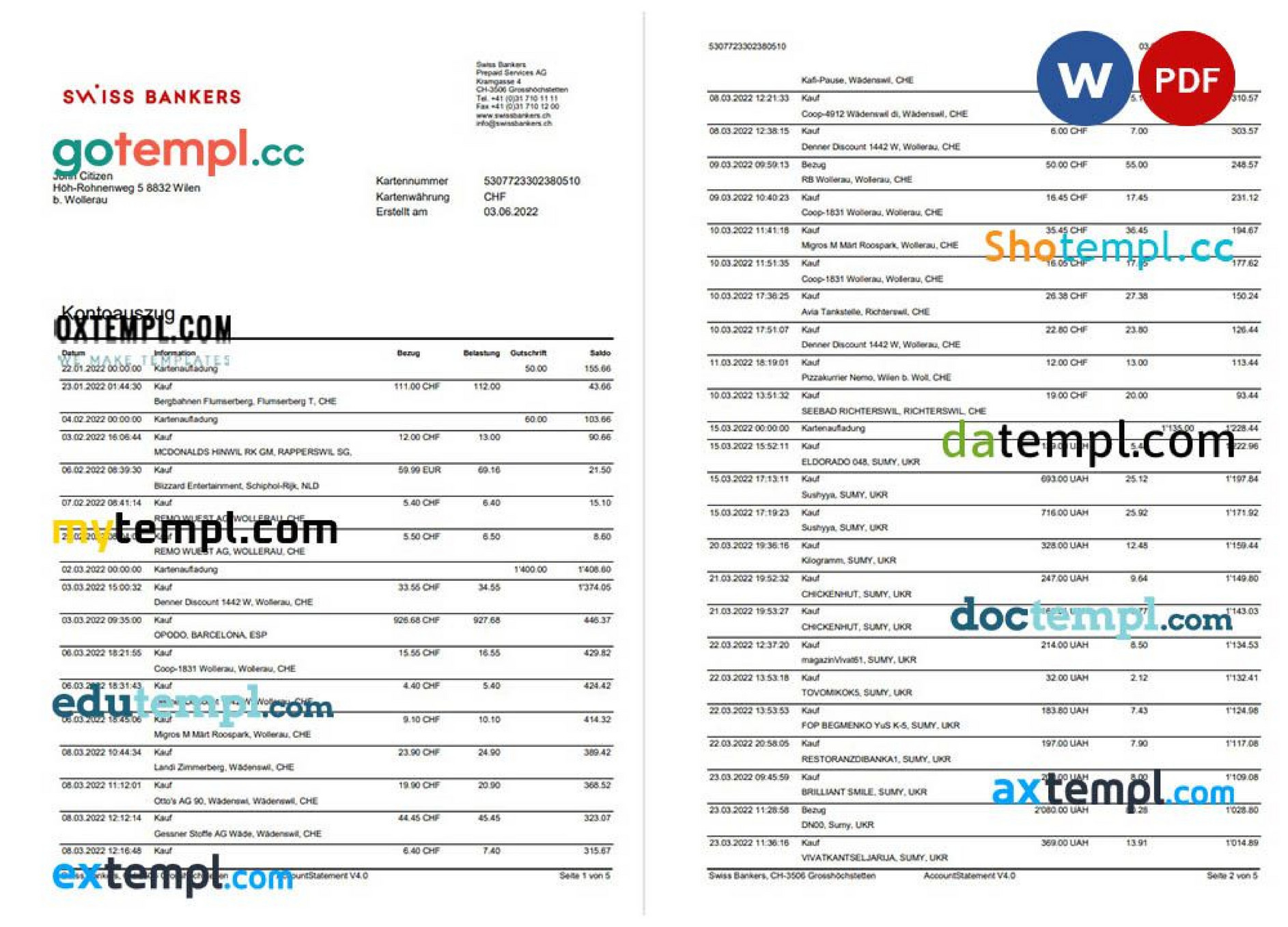 Doctempl - Germany Swiss bank statement Word and PDF 5 pages - Page 1