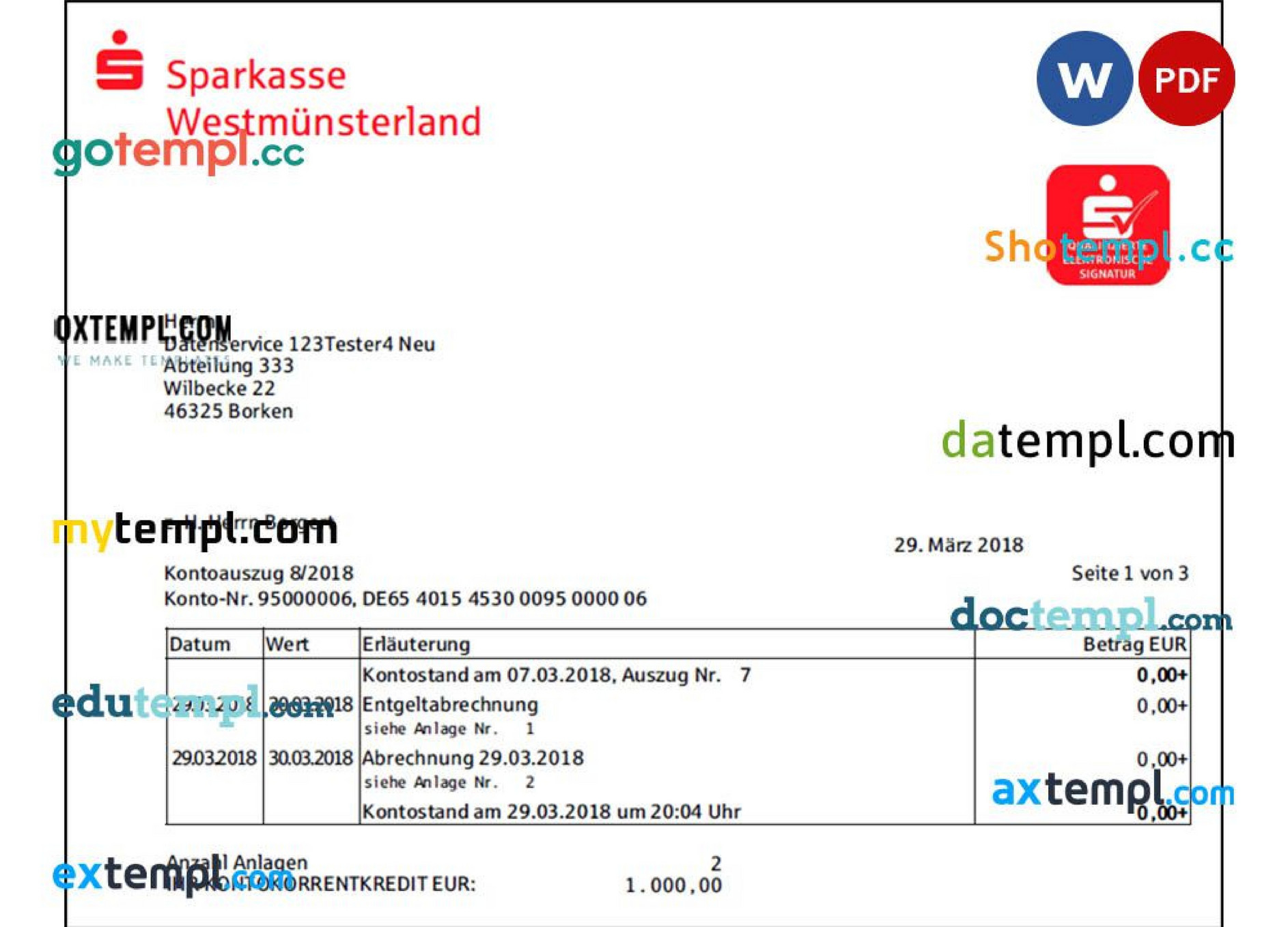 Doctempl - Germany Sparkasse bank statement Word and PDF - Page 1