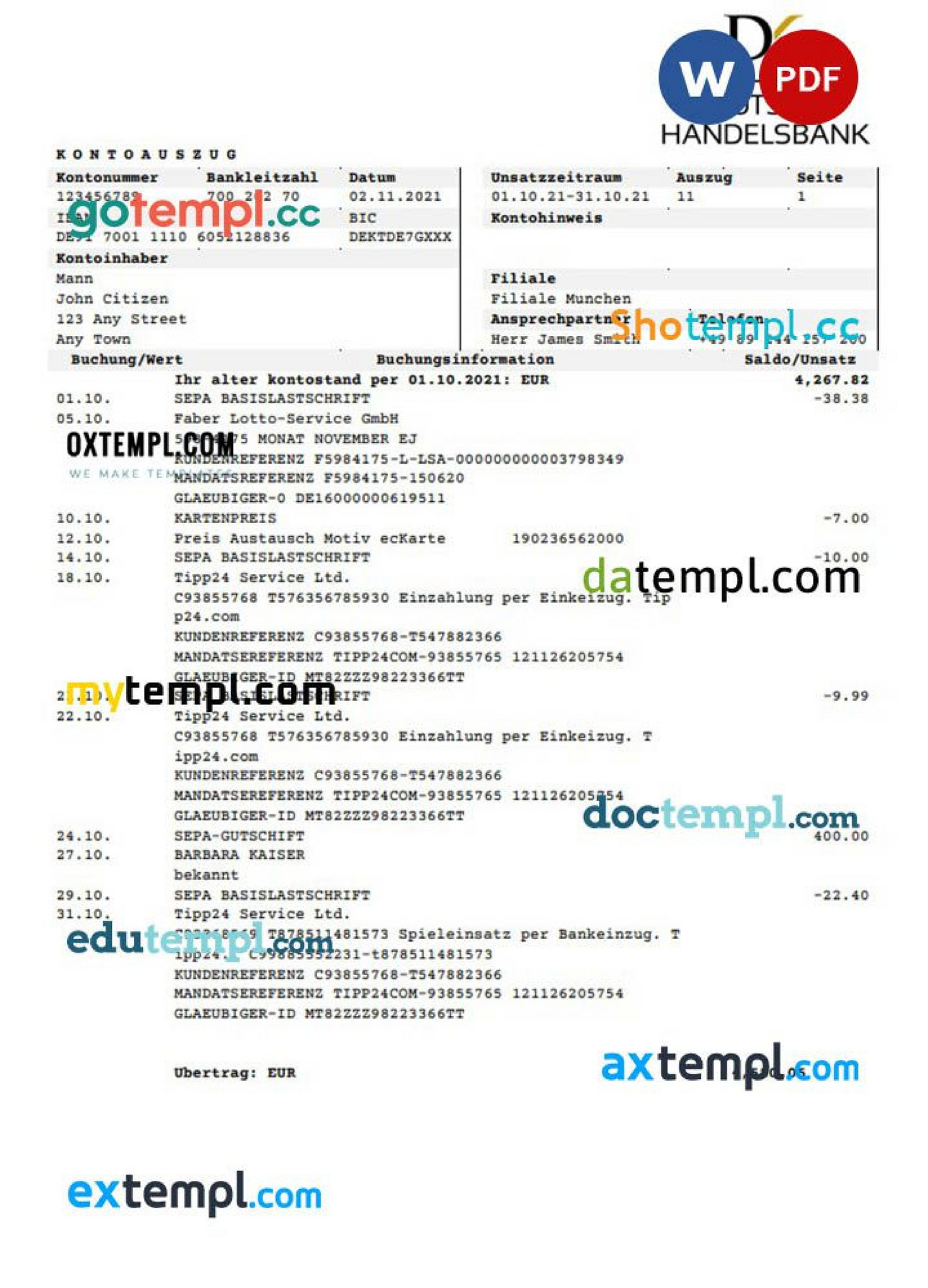 Doctempl - Germany Deutsche Handelbank bank statement template Word and ...
