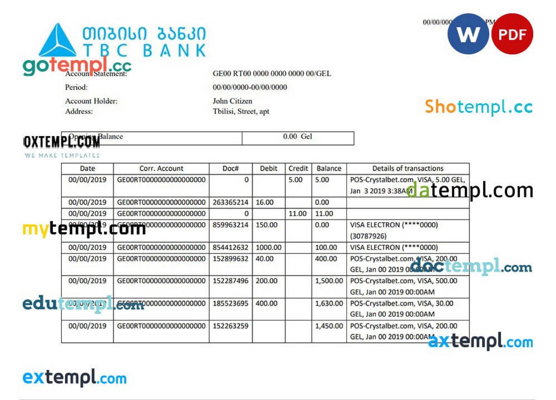 Doctempl - Georgia TBC bank proof of address statement template in Word and PDF format - Page 1