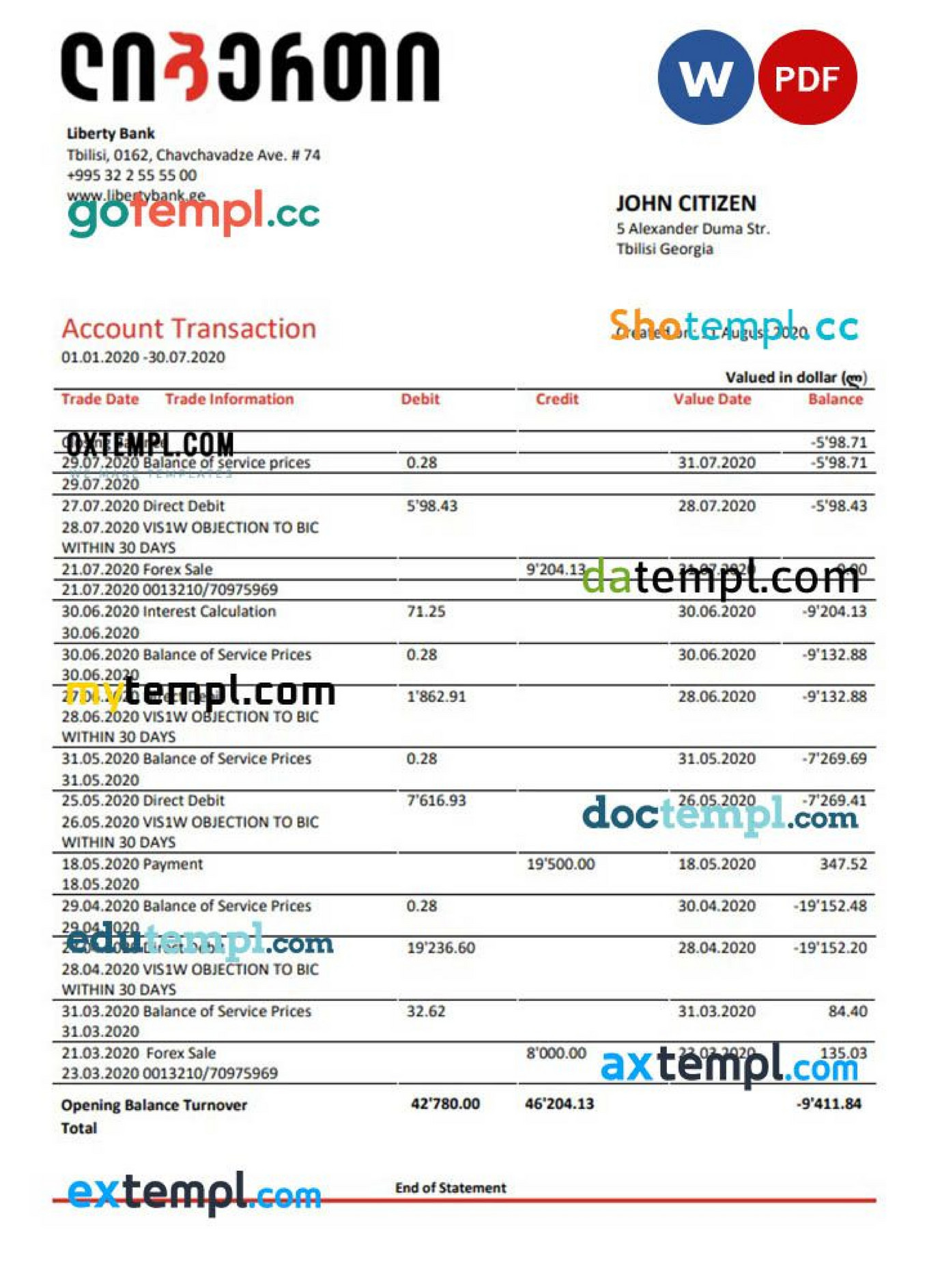 Doctempl - Georgia Liberty bank statement template Word and PDF - Page 1