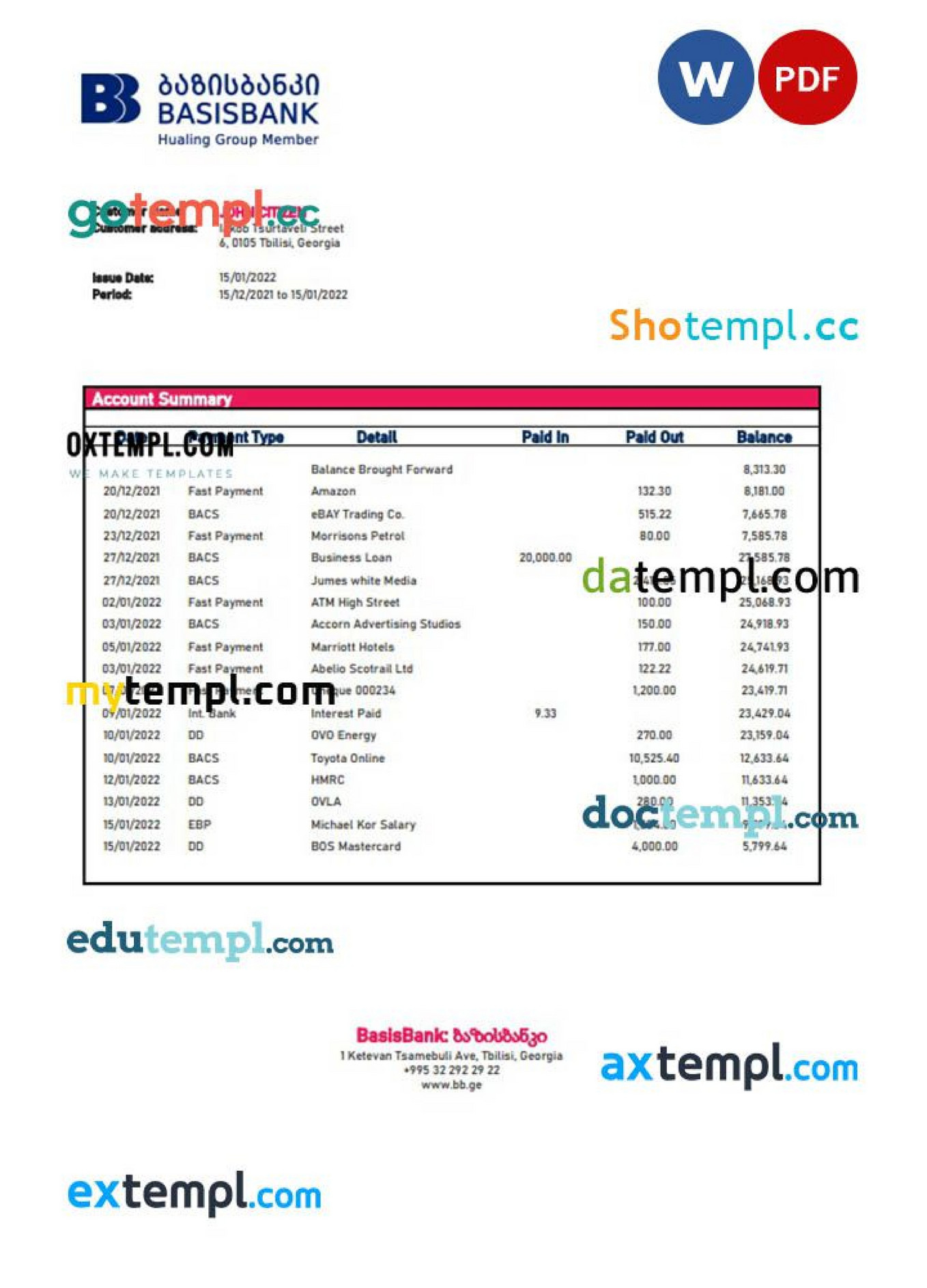Doctempl - Georgia Basis bank statement template Word and PDF - Page 1