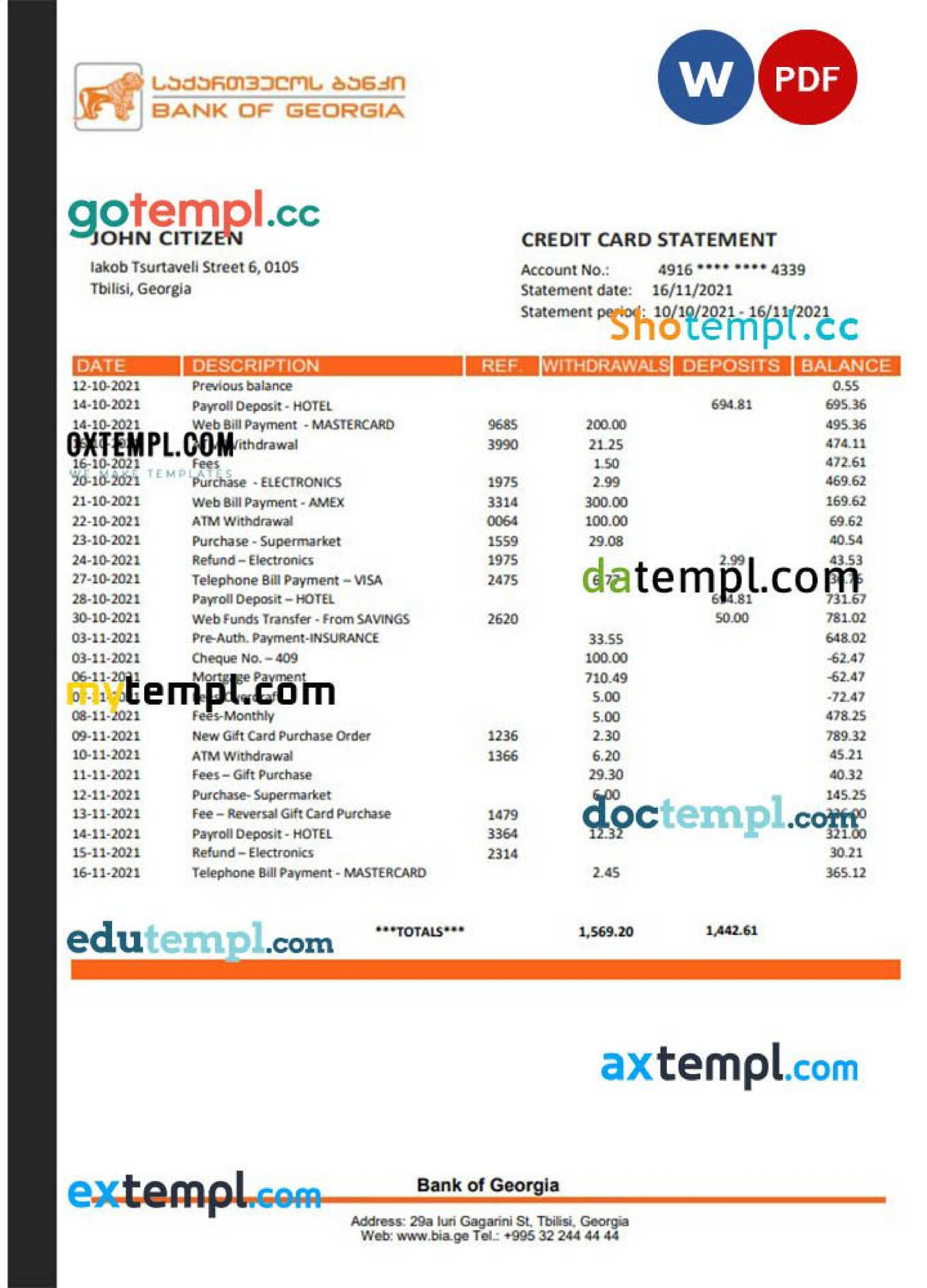 Doctempl - Georgia Bank of Georgia bank statement template Word and PDF - Page 1