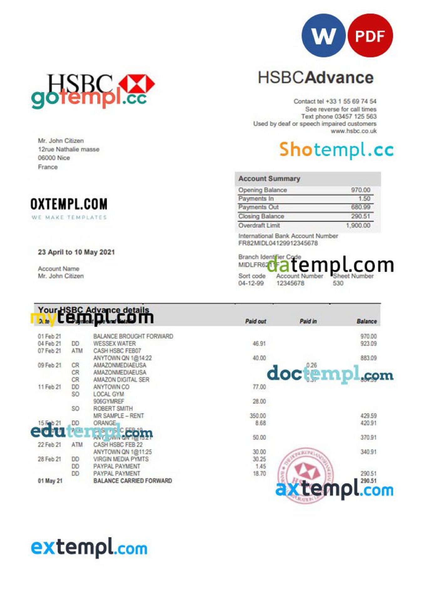Doctempl - France HSBC bank statement template in Word and PDF format - Page 1