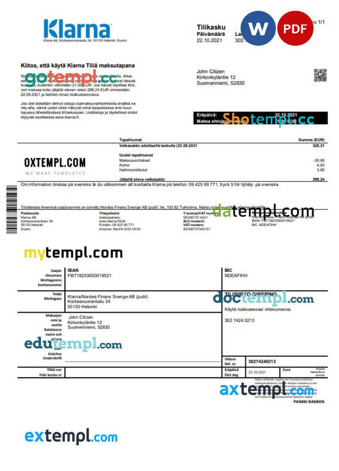 Doctempl - Finland Klarna bank statement template in Word and PDF ...