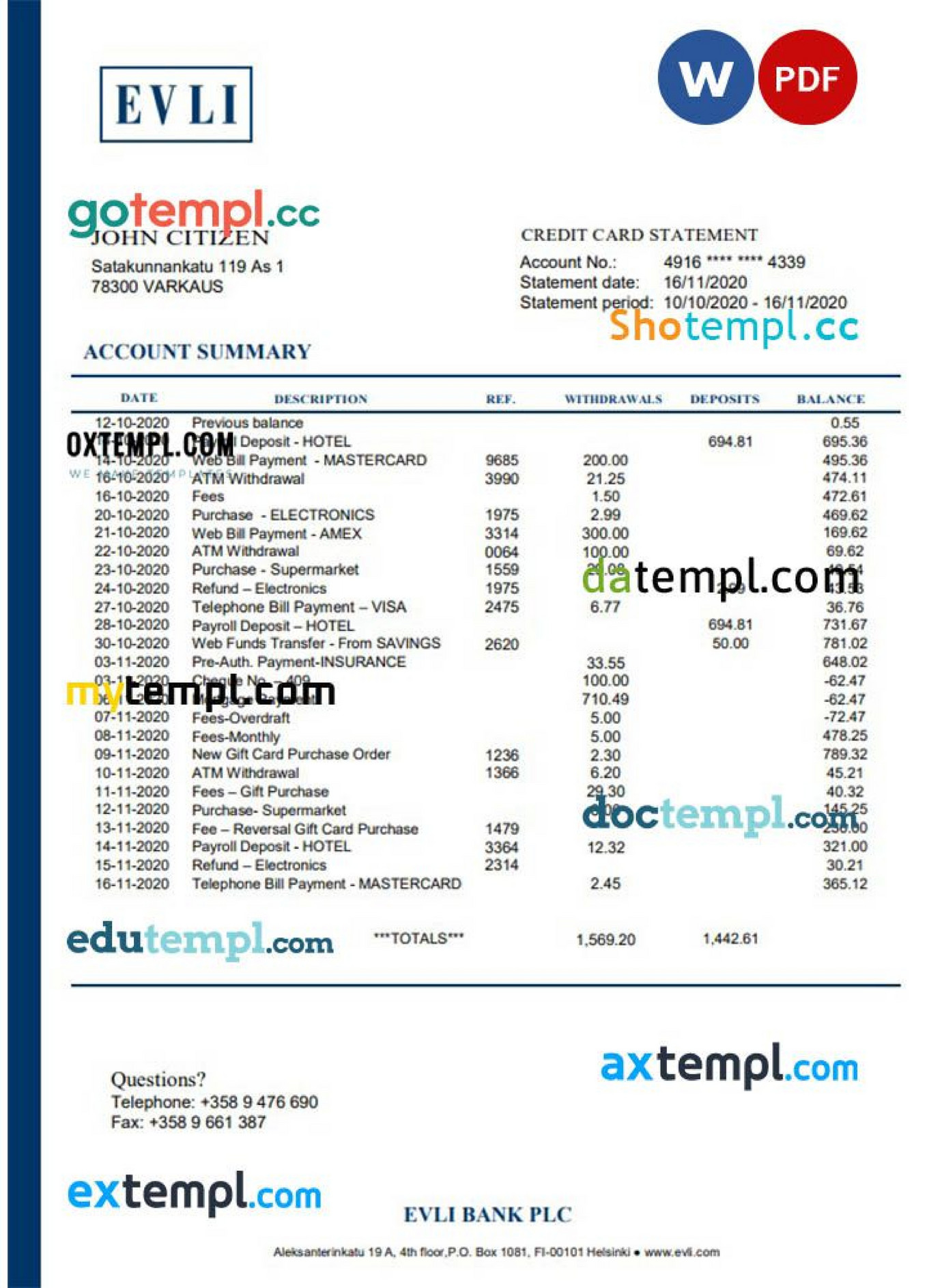 Doctempl - Finland Evli Bank PLC bank statement template in Word and ...