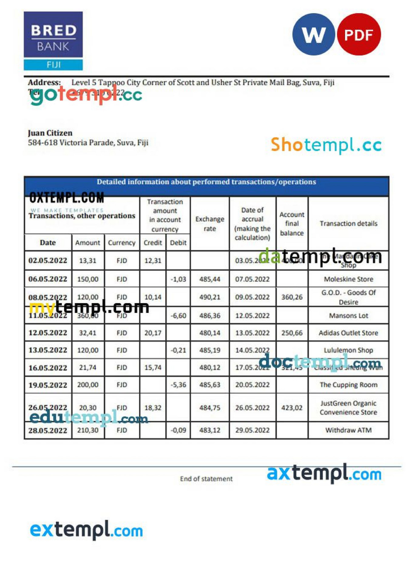 Doctempl - Fiji Bred Bank statement template Word and PDF - Page 1