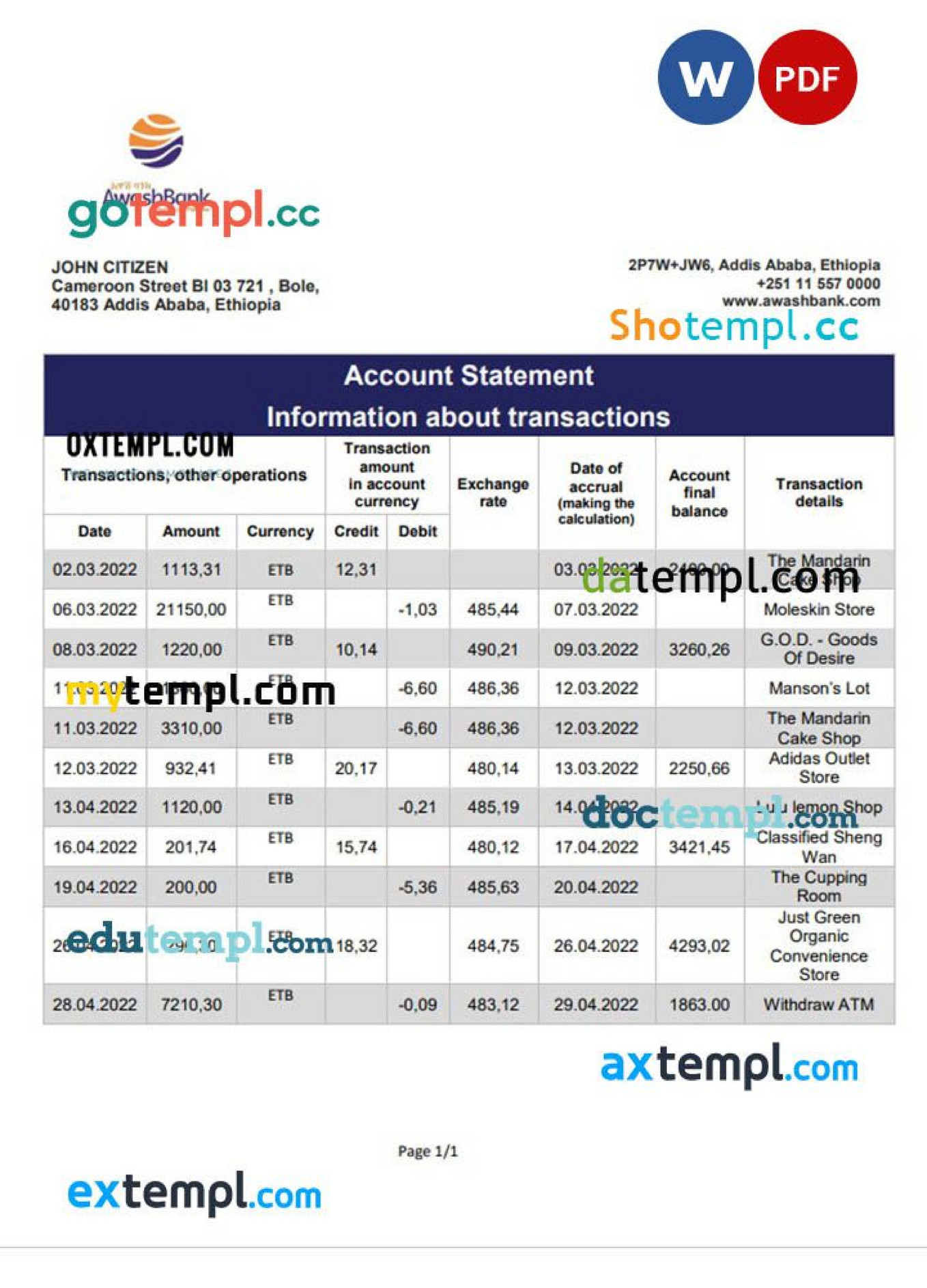 Doctempl - Ethiopia Awash Bank statement template Word and PDF - Page 1