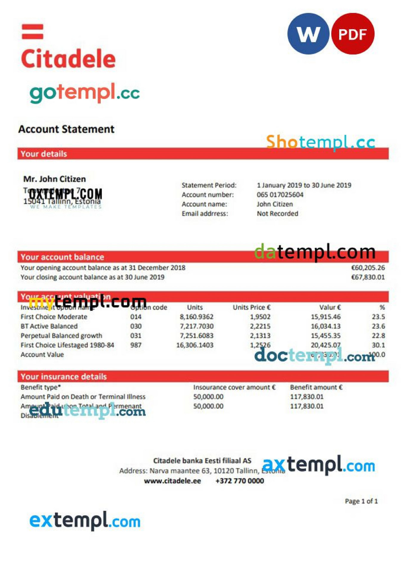 Doctempl - Estonia Citadele Bank statement template Word and PDF - Page 1