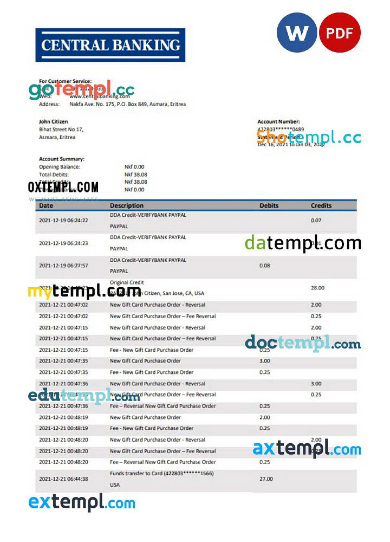 Doctempl - Eritrea Central Bank statement template Word and PDF - Page 1