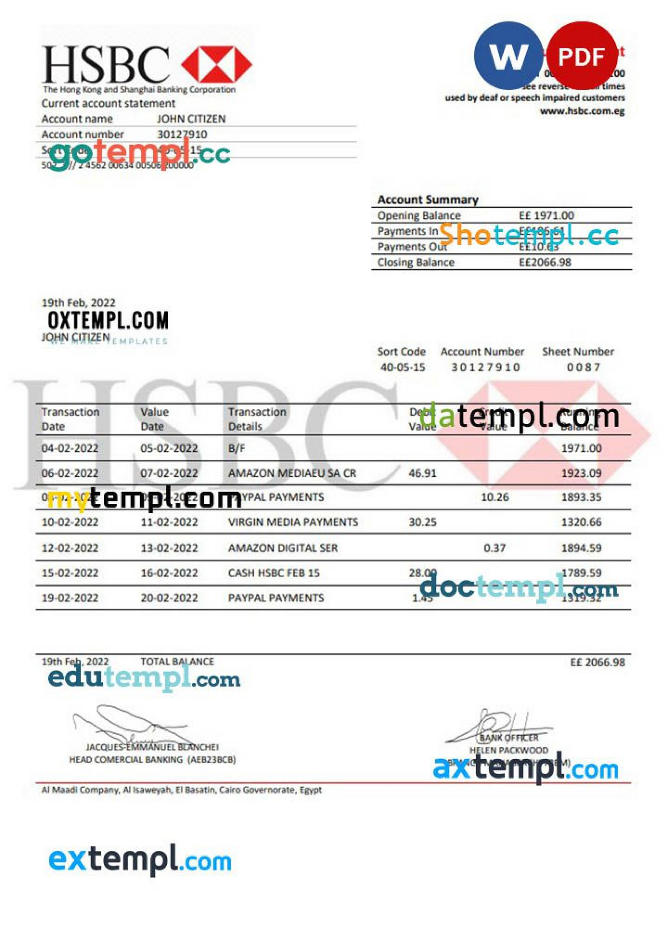 Doctempl - Egypt HSBC Bank proof of address statement template in Word and PDF - Page 1