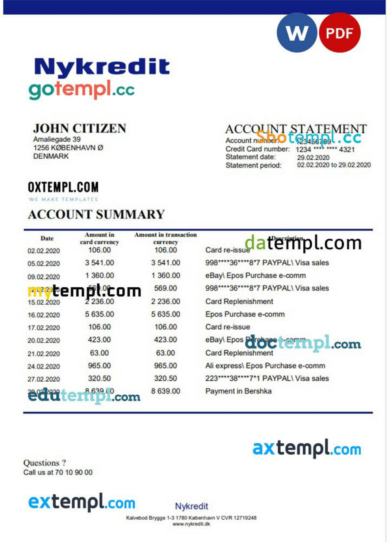 Doctempl - Denmark Nykredit Bank statement template in Word and PDF ...