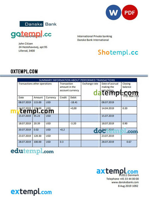 Doctempl - Denmark Danskebank Bank statement template in Word and PDF ...