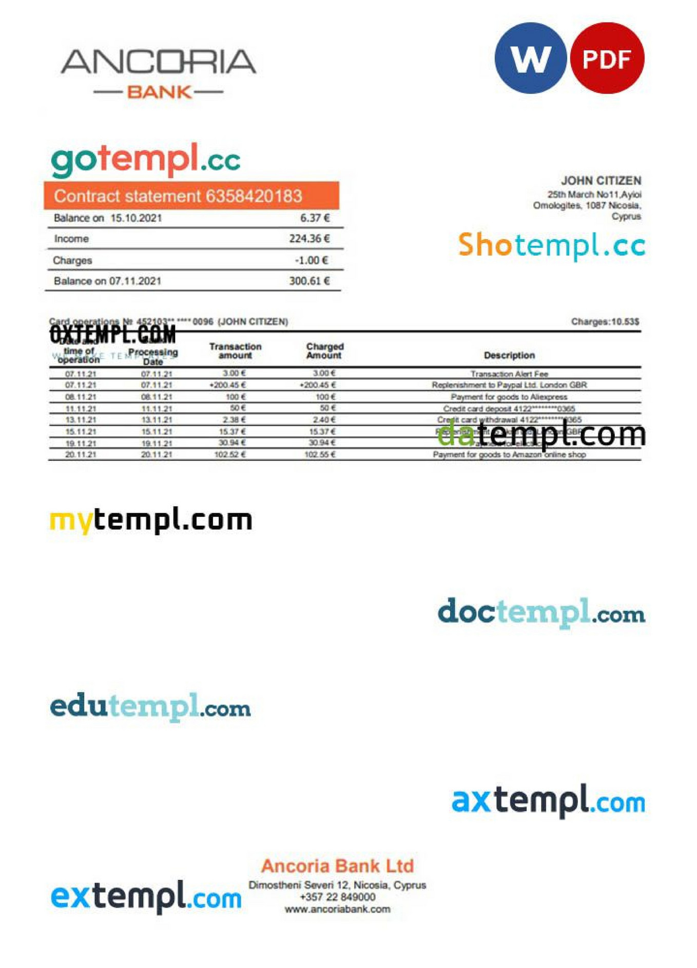 Doctempl - Cyprus Ancoria bank statement template in Word and PDF - Page 1