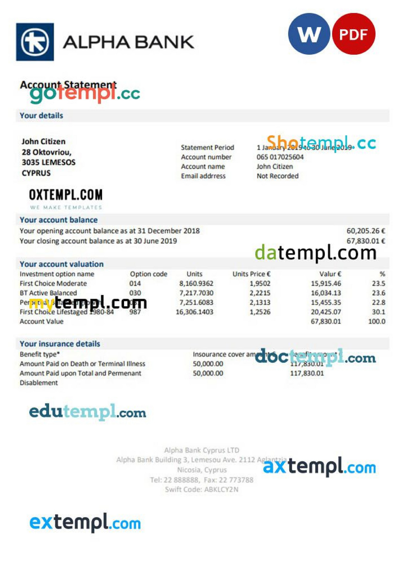 Doctempl - Cyprus Alpha bank statement template in Word and PDF - Page 1