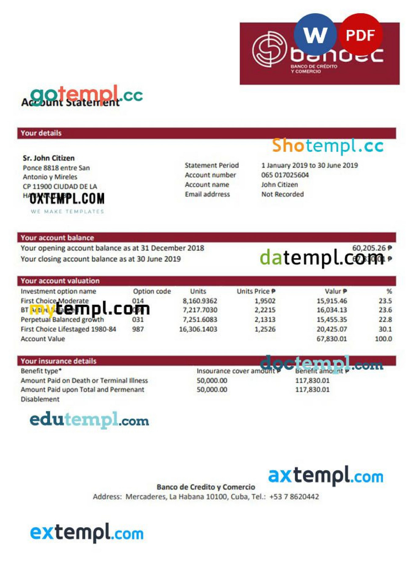 Doctempl - Cuba Bandec Banco de Credito y Comercio bank statement template in Word and PDF - Page 1