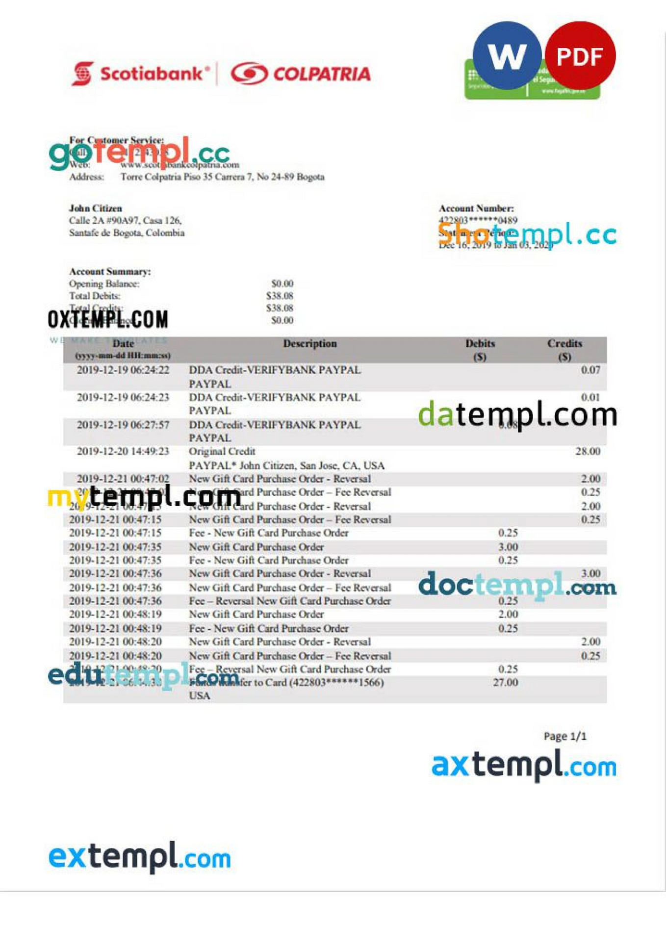 Doctempl - Colombia Scotiabank Colpatria bank statement template in ...