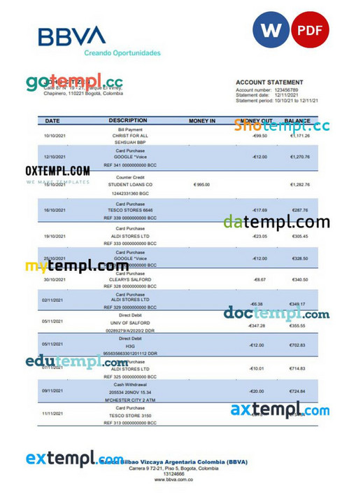Doctempl - Colombia BBVA bank statement template in Word and PDF - Page 1