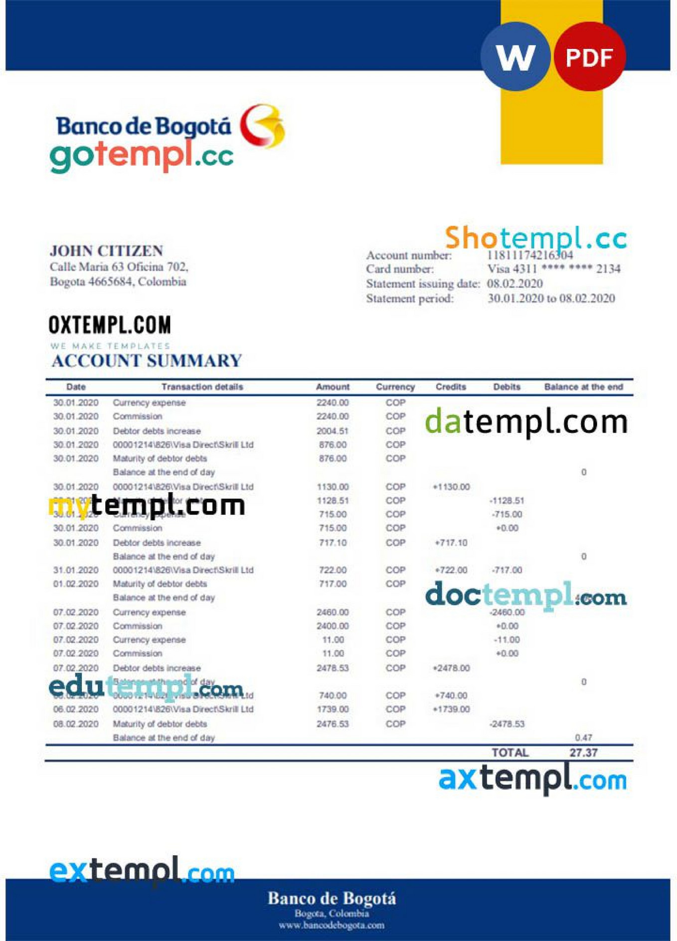 Doctempl - Colombia Banco de Bogotá bank statement template in Word and PDF - Page 1