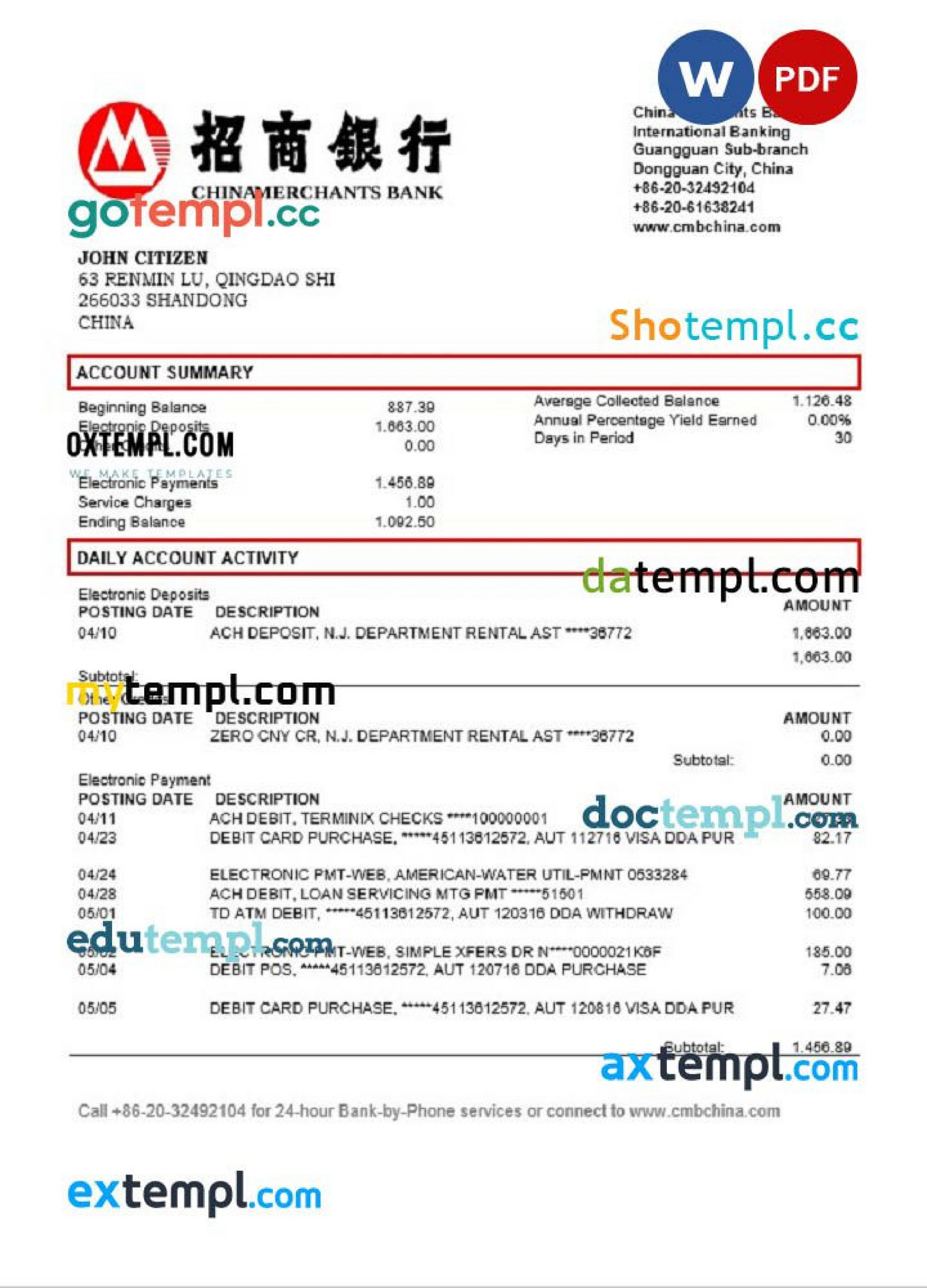 Doctempl - China Merchants bank statement template in Word and PDF - Page 1