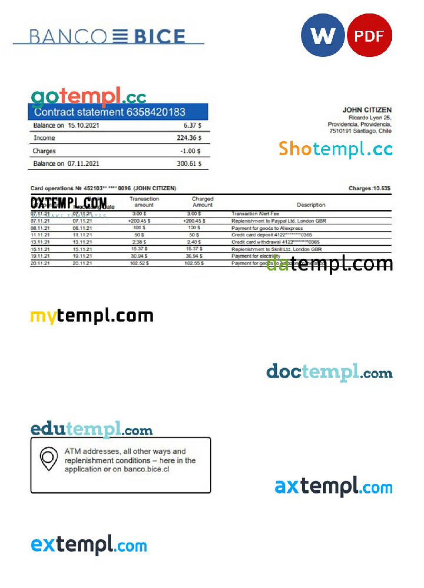 Doctempl - Chile Banco Bice Bank statement template in Word and PDF - Page 1