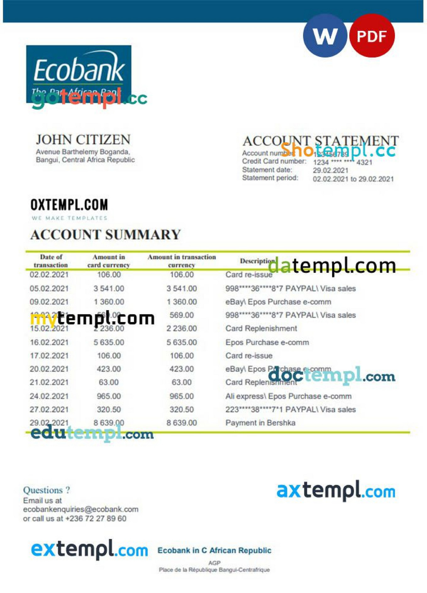 Doctempl - Central African Republic Ecobank Bank statement template in Word and PDF - Page 1