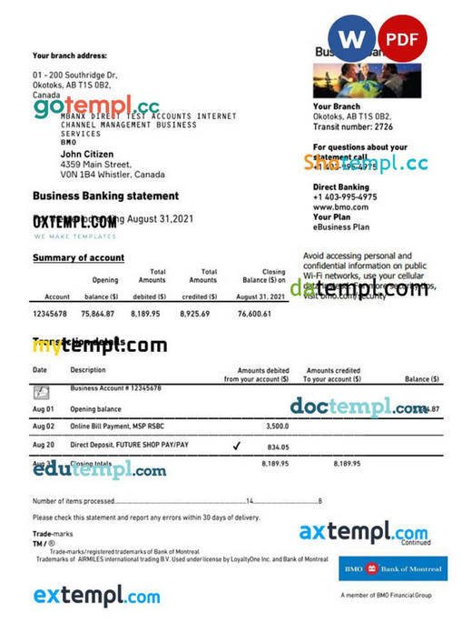 Doctempl - Canada BMO Bank of Montreal bank statement in Word and PDF format - Page 1