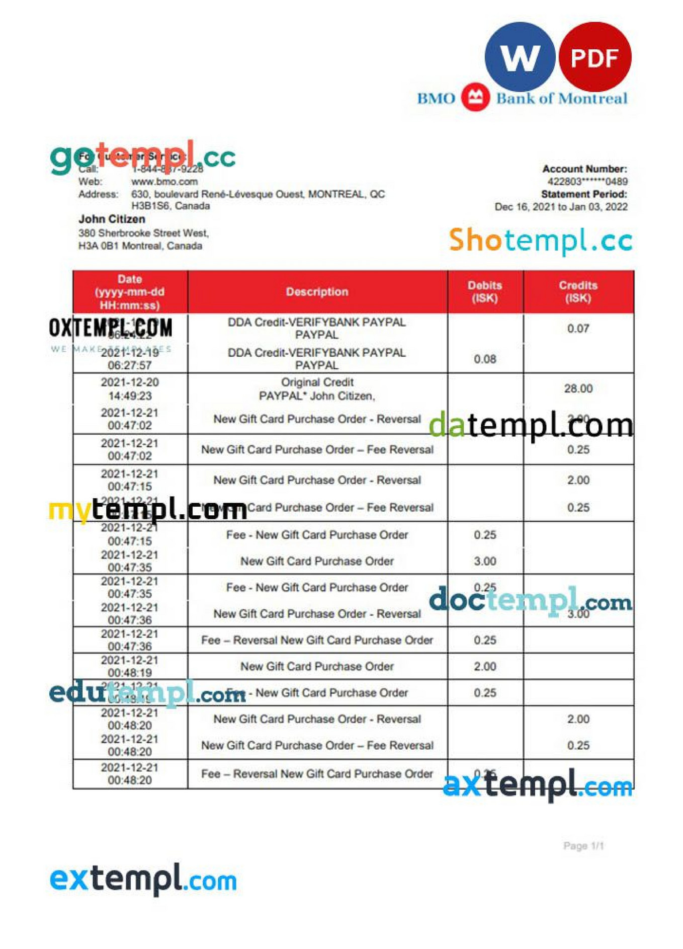Doctempl - Canada Bank of Montreal bank statement Word and PDF format ...