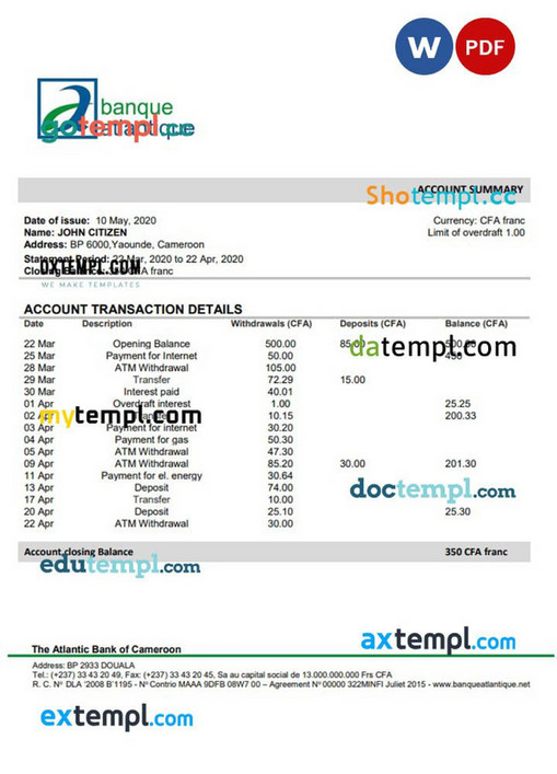 Doctempl - Cameroon The Atlantic Bank of Cameroon bank statement Word ...