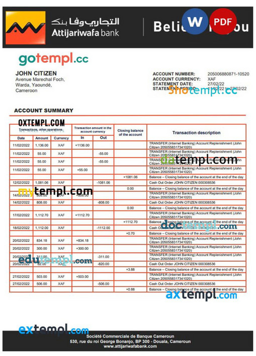 Doctempl - Cameroon SCB bank statement Word and PDF format - Page 1