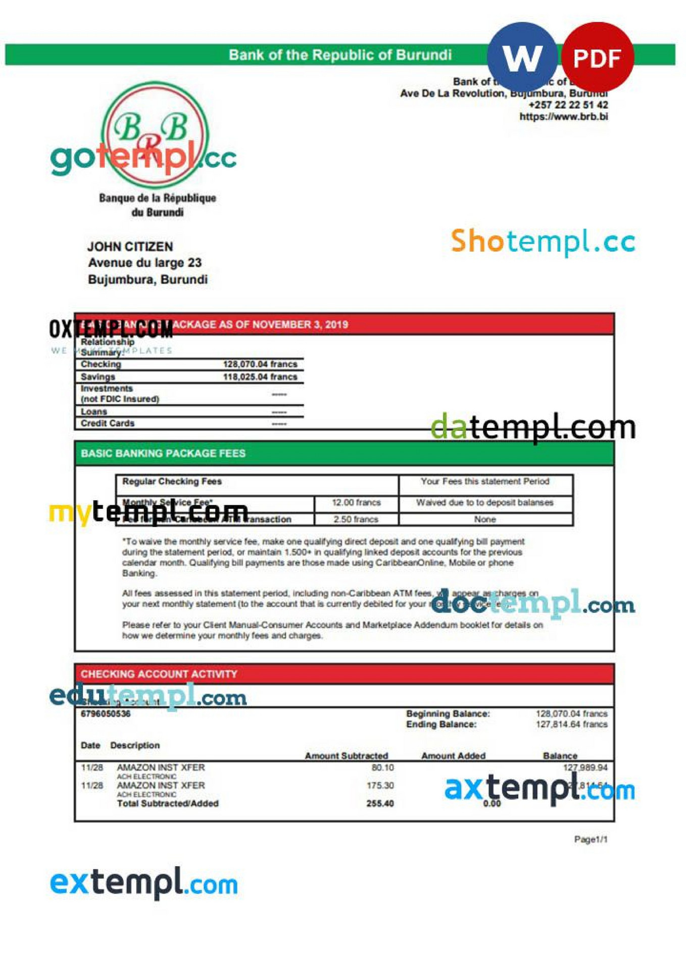 Doctempl - Burundi Bank of the Republic of Burundi bank statement ...