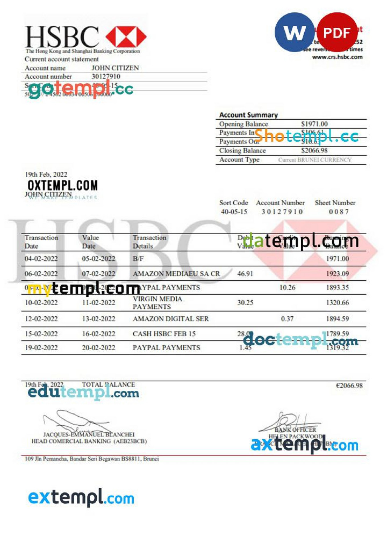 Doctempl - Brunei HSBC bank statement template in Word and PDF format - Page 1