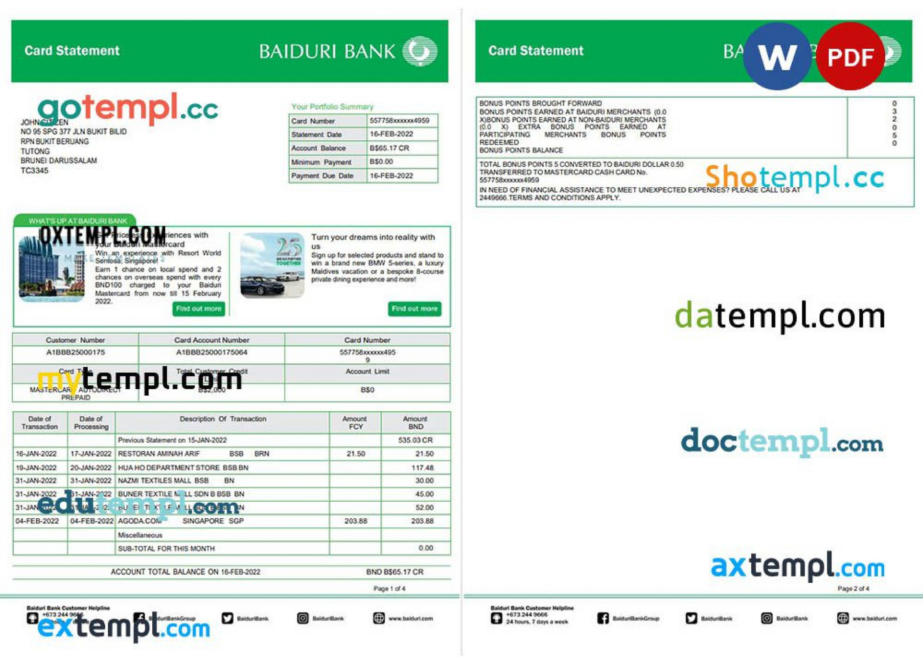 Doctempl - Brunei Baiduri bank statement, Word and PDF template - Page 1
