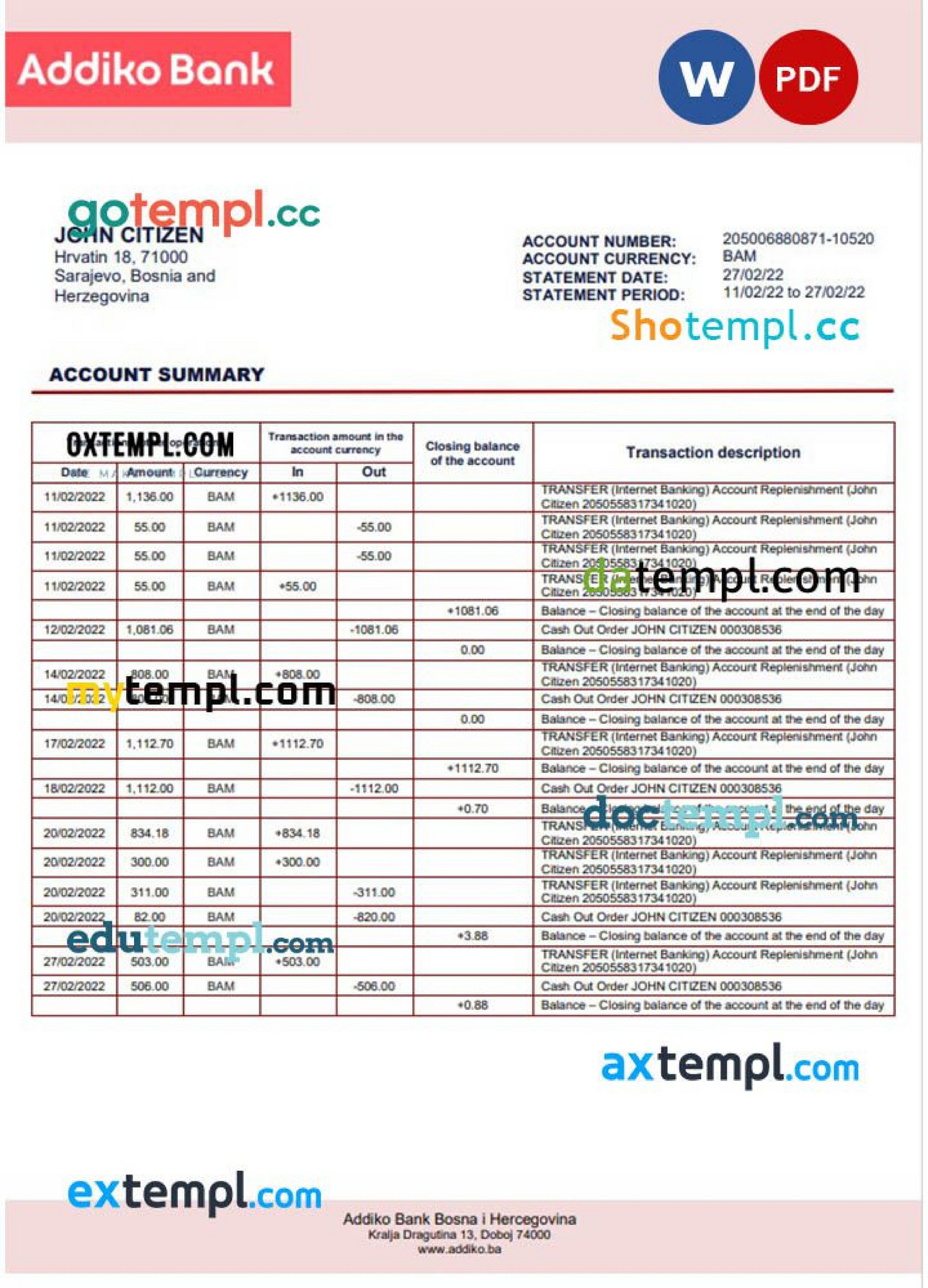 Doctempl - Bosnia and Herzegovina Addiko Bank statement template in Word and PDF - Page 1