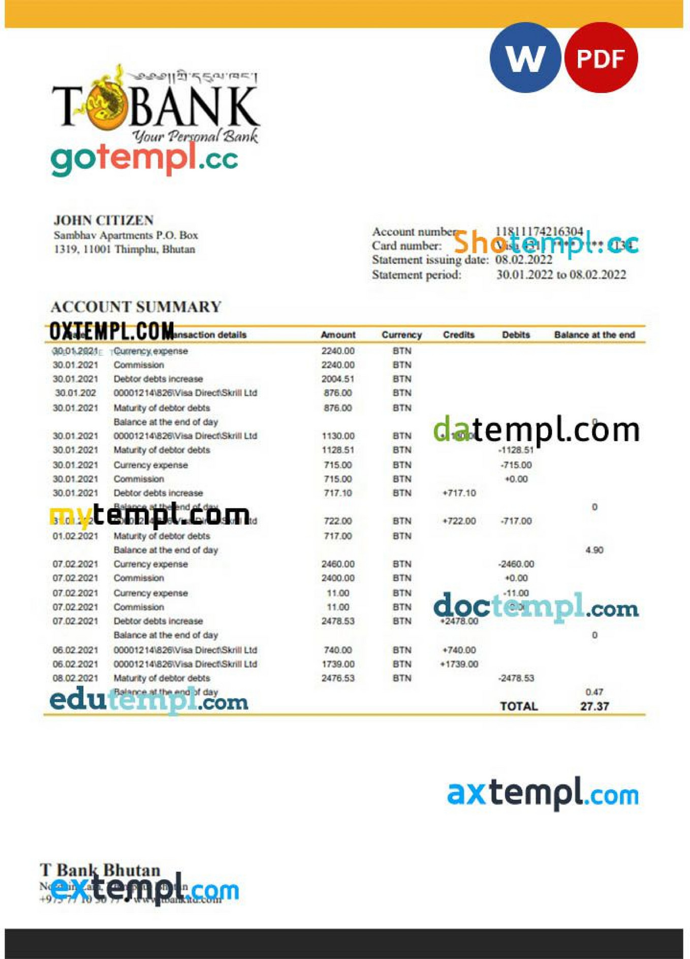 Doctempl - Bhutan T Bank statement template in Word and PDF - Page 1