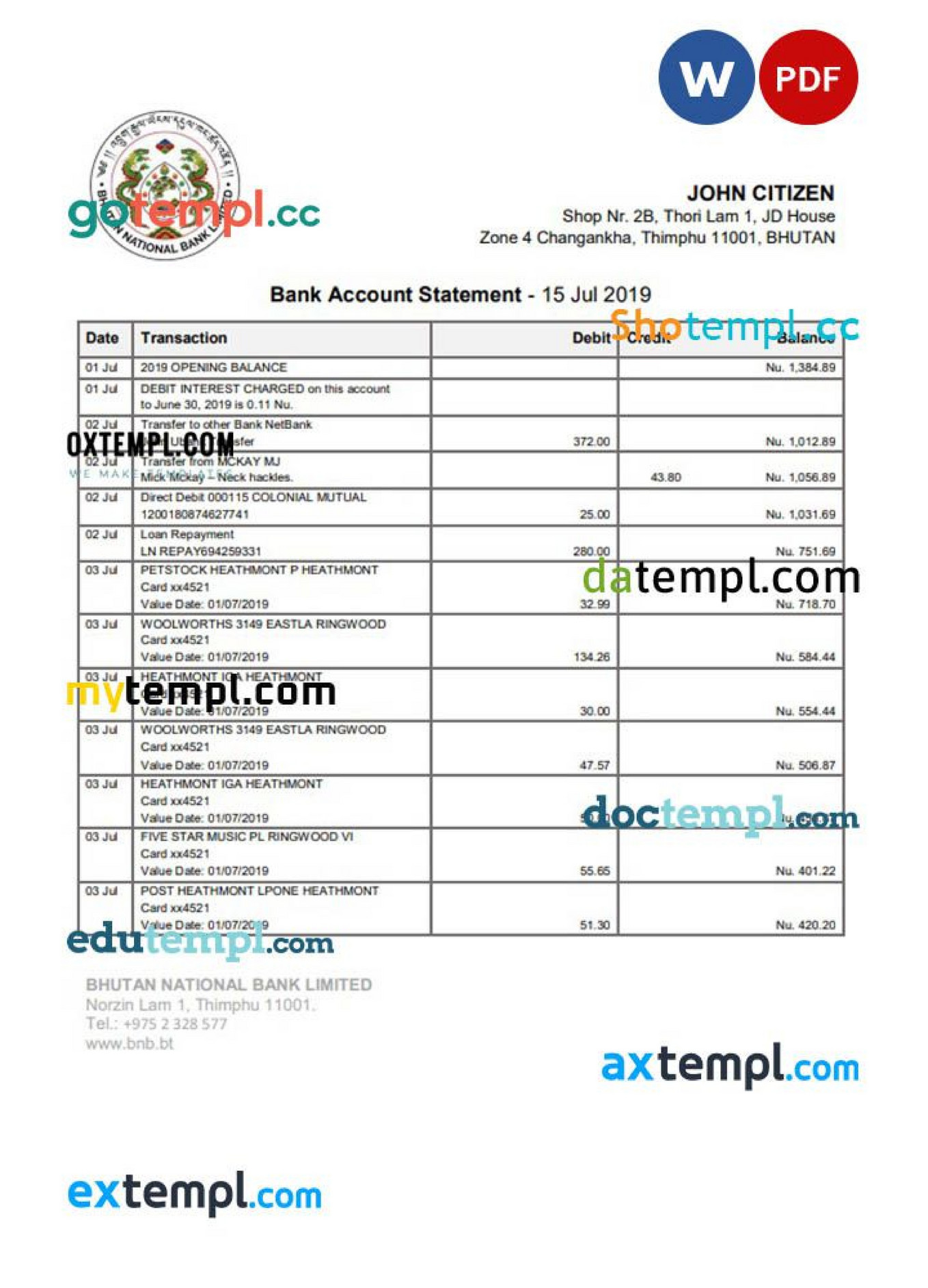Doctempl - Bhutan National Bank statement template in Word and PDF - Page 1