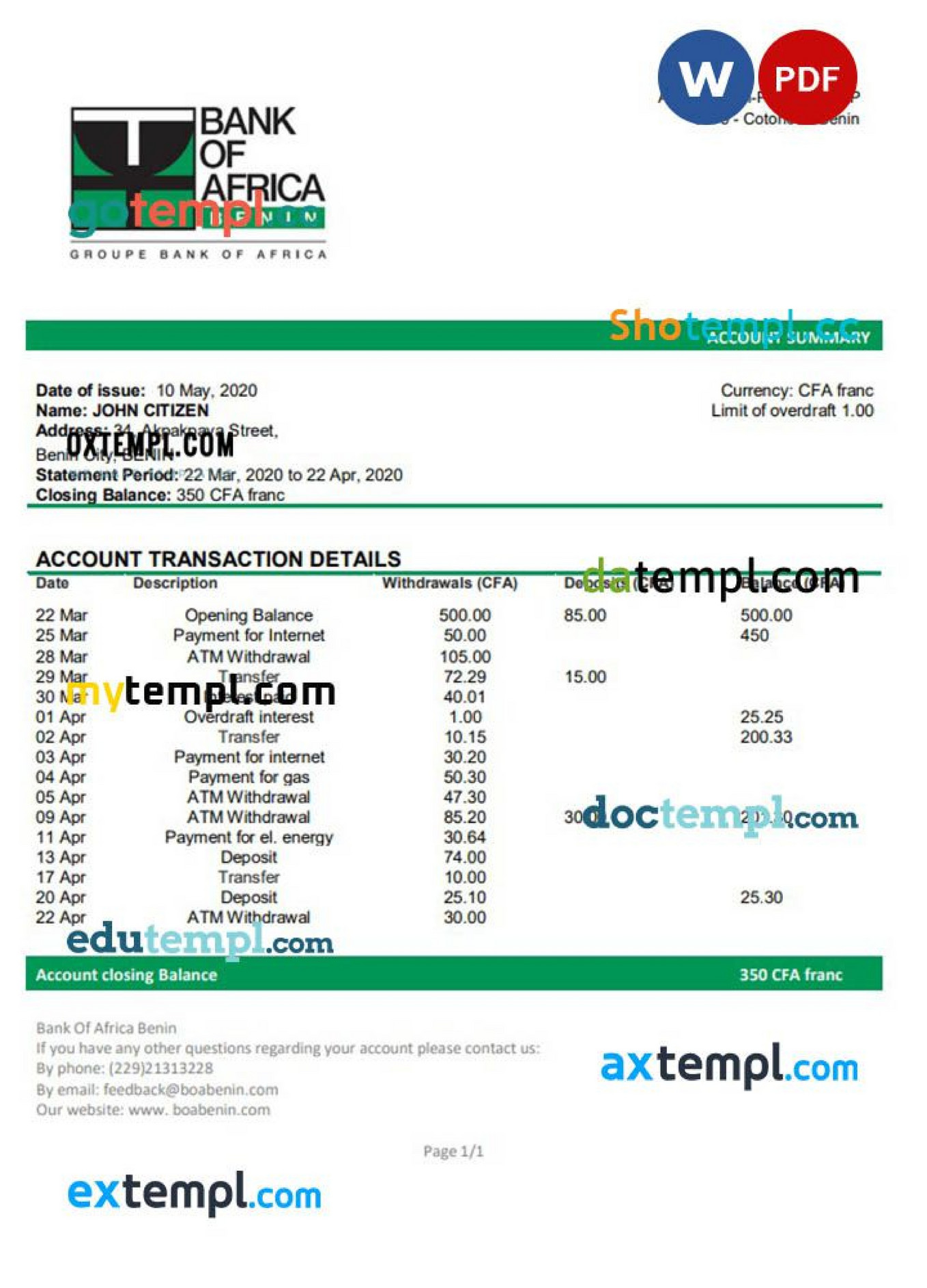 Doctempl - Benin Bank of Africa bank statement template in Word and PDF - Page 1