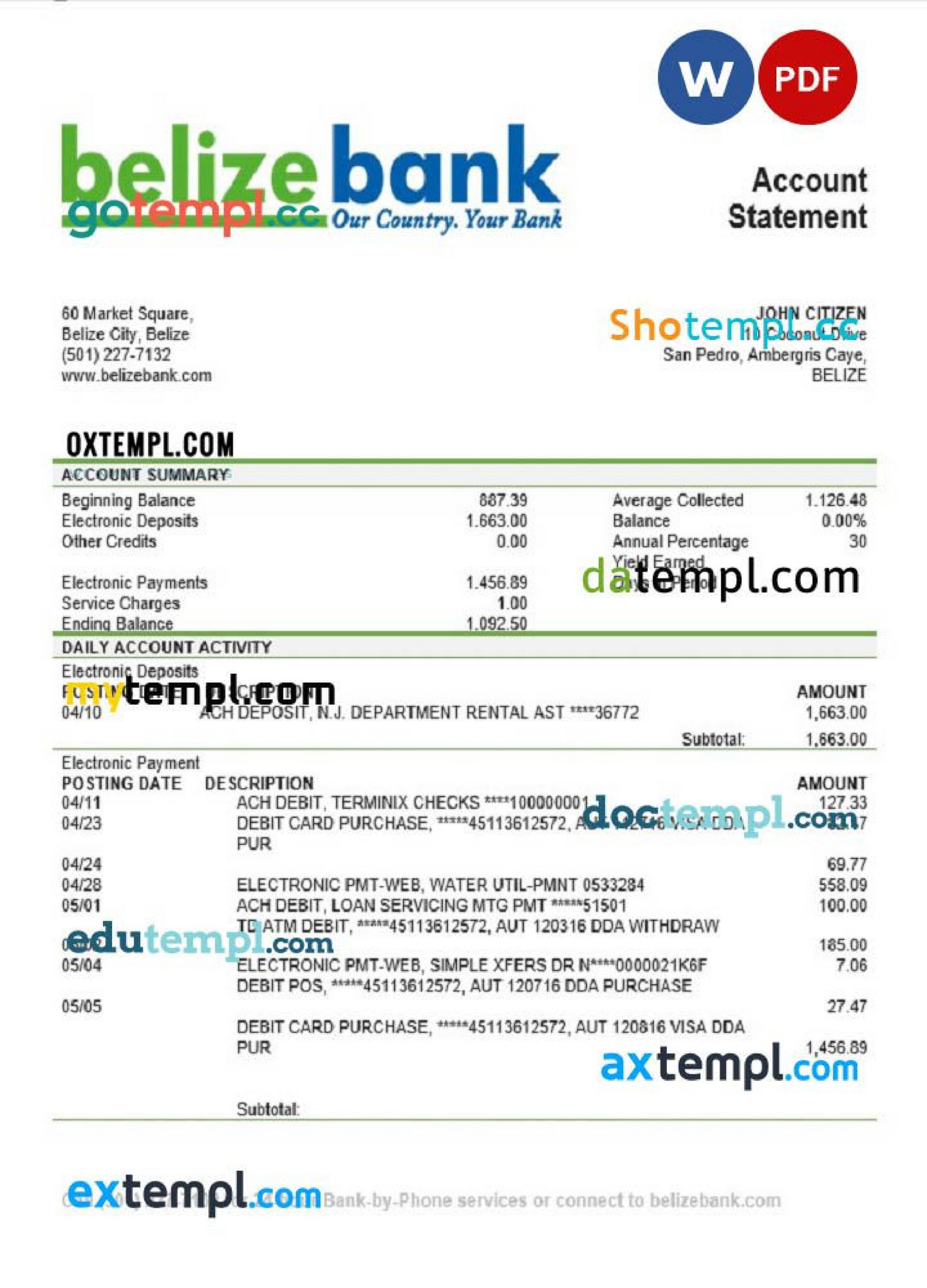 Doctempl - Belize Belizebank bank statement template in Word and PDF ...