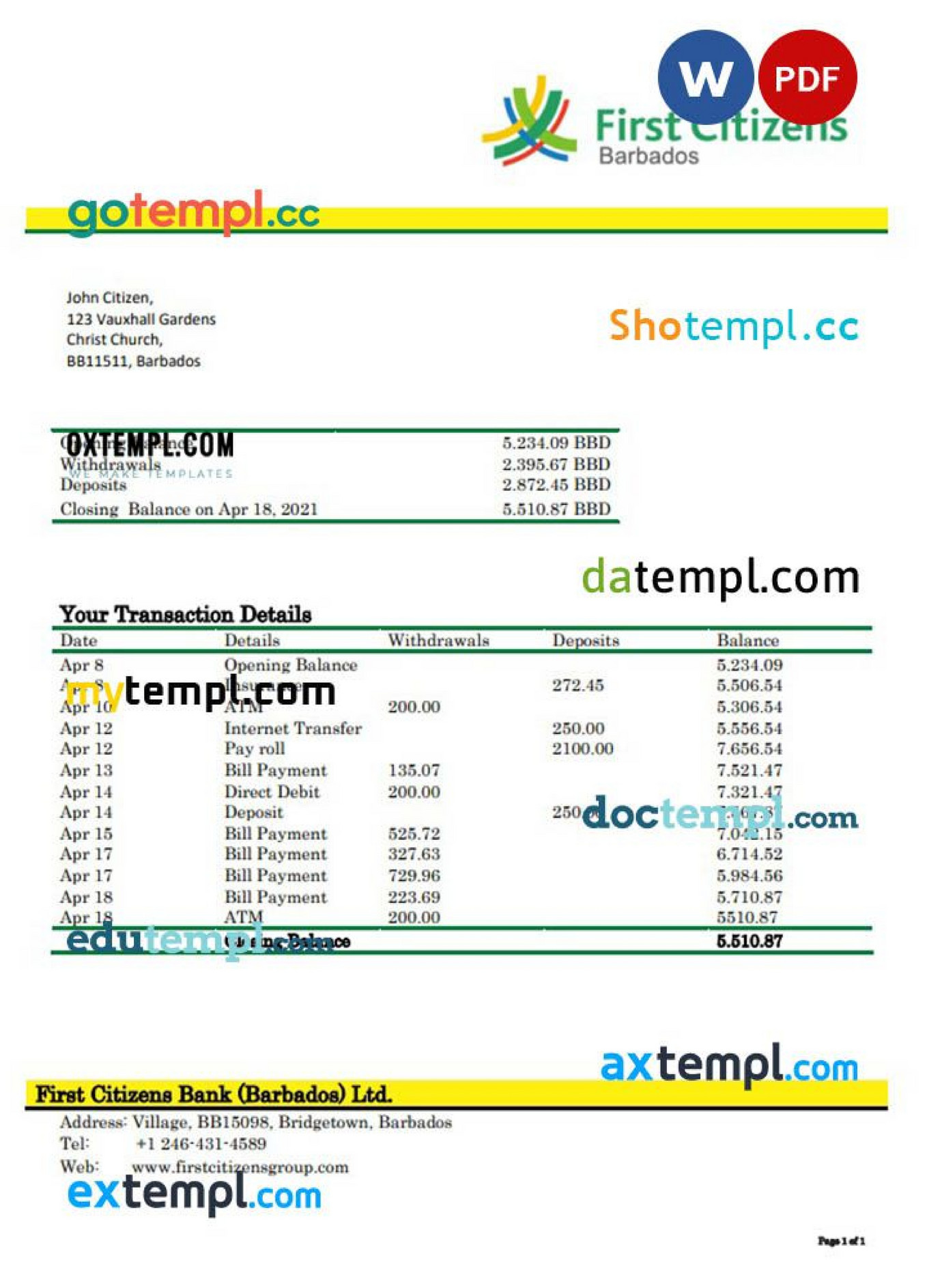 Doctempl - Barbados first citizens bank statement template Word and PDF ...