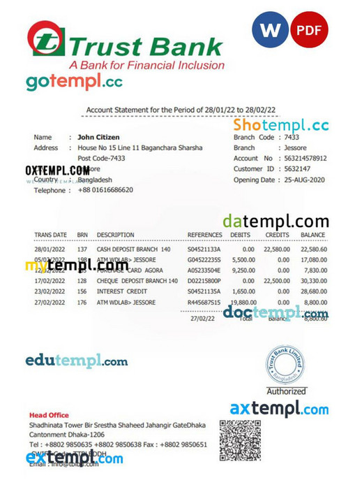 Doctempl - Bangladesh Trust bank statement template Word and PDF - Page 1