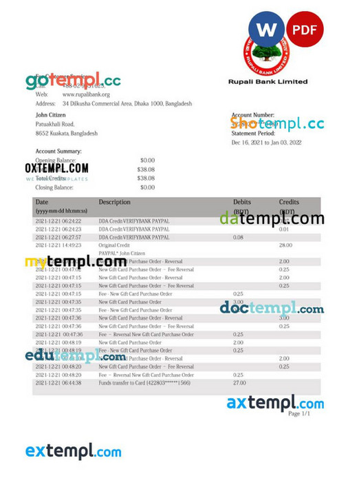 Doctempl - Bangladesh Rupalii bank statement template Word and PDF - Page 1