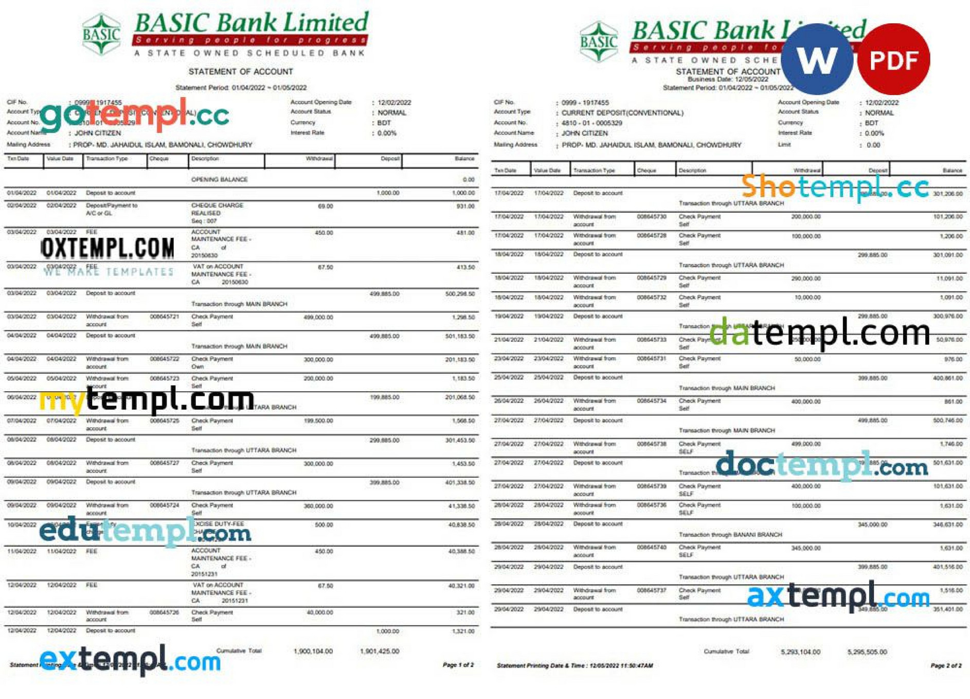Doctempl - Bangladesh Basic bank statement Word and PDF template, 2 pages - Page 1