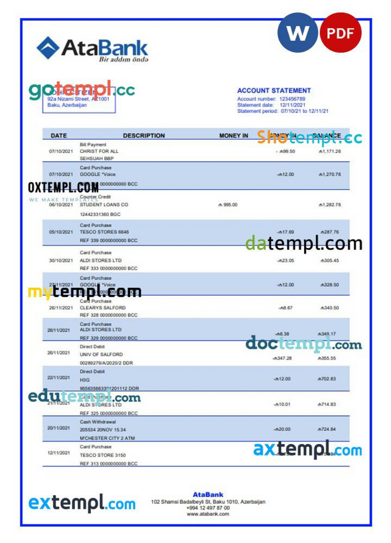 Doctempl - Azerbaijan AtaBank bank statement template Word and PDF - Page 1