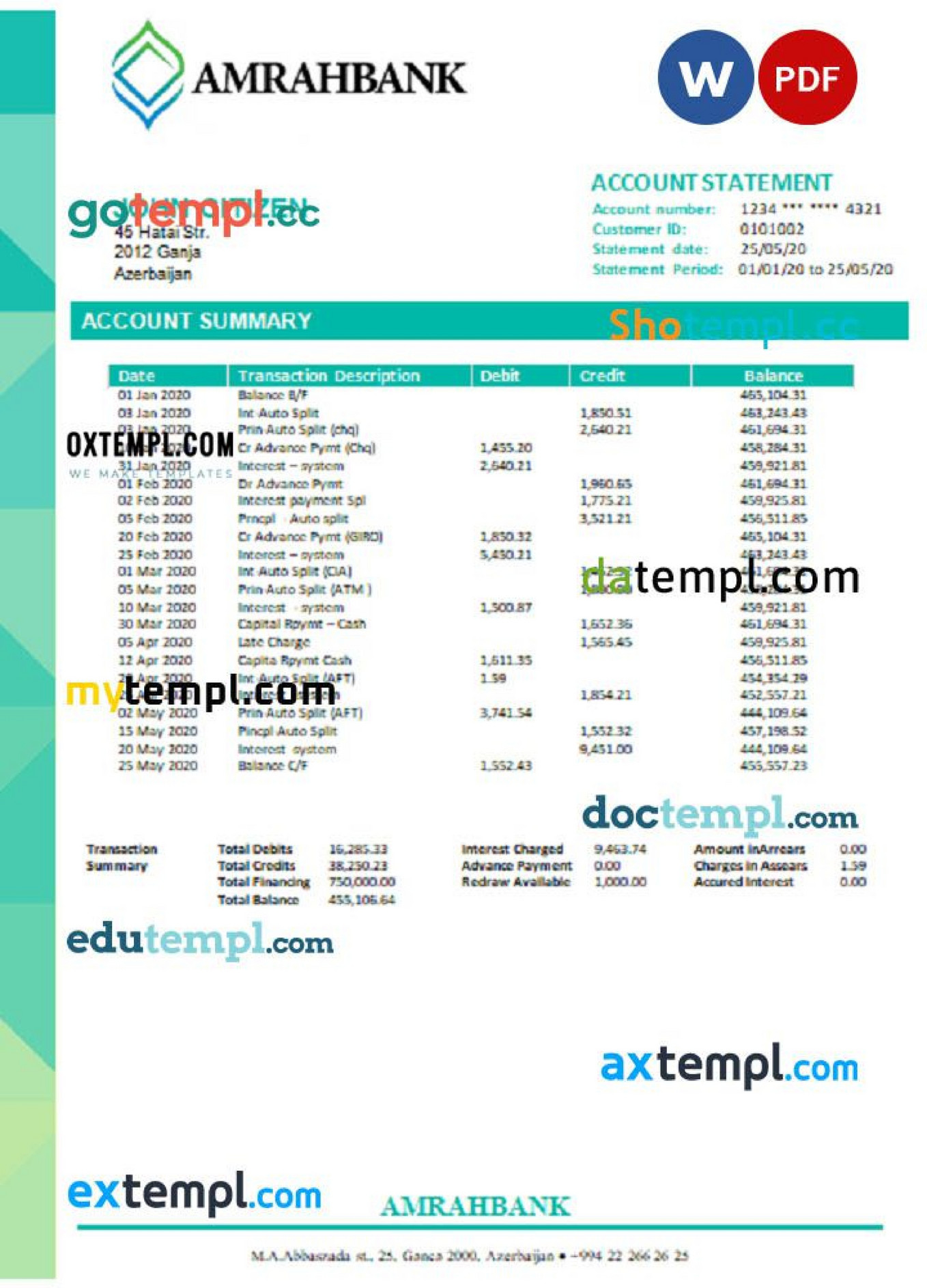 Doctempl - Azerbaijan Amrahbank bank statement template Word and PDF - Page 1