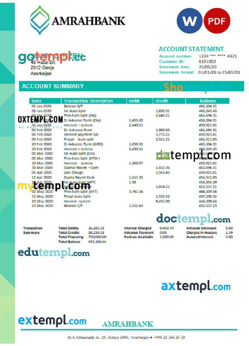 Doctempl - Azerbaijan Amrahbank bank statement template Word and PDF - Page 1