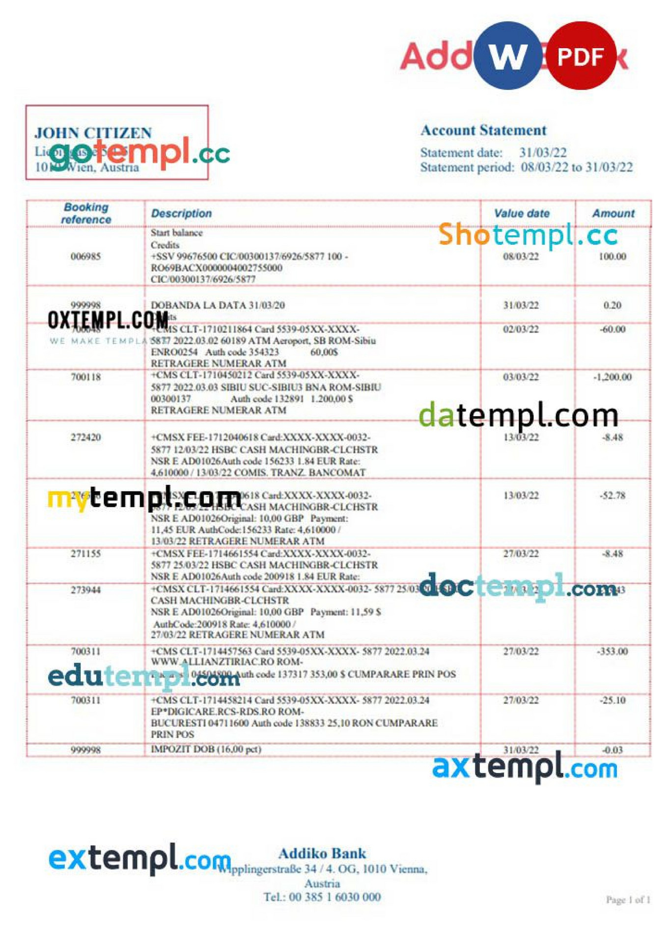 Doctempl - Austria Addiko Bank bank statement template in Word and PDF - Page 1