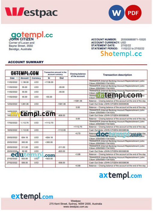 Doctempl - Australia Westpac bank statement template in Word and PDF ...
