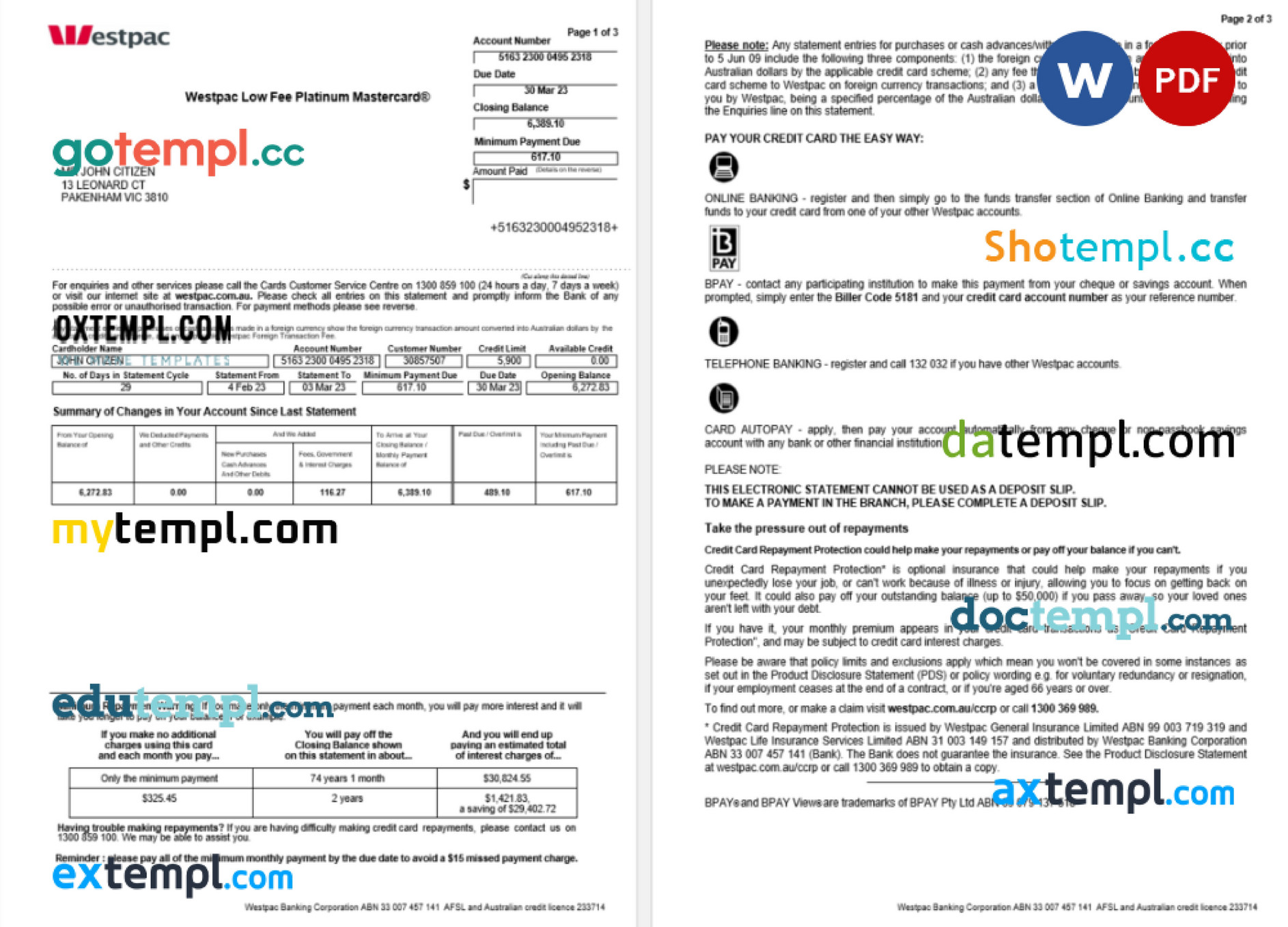 Doctempl - Australia Westpac bank statement Word and PDF template, 3 ...