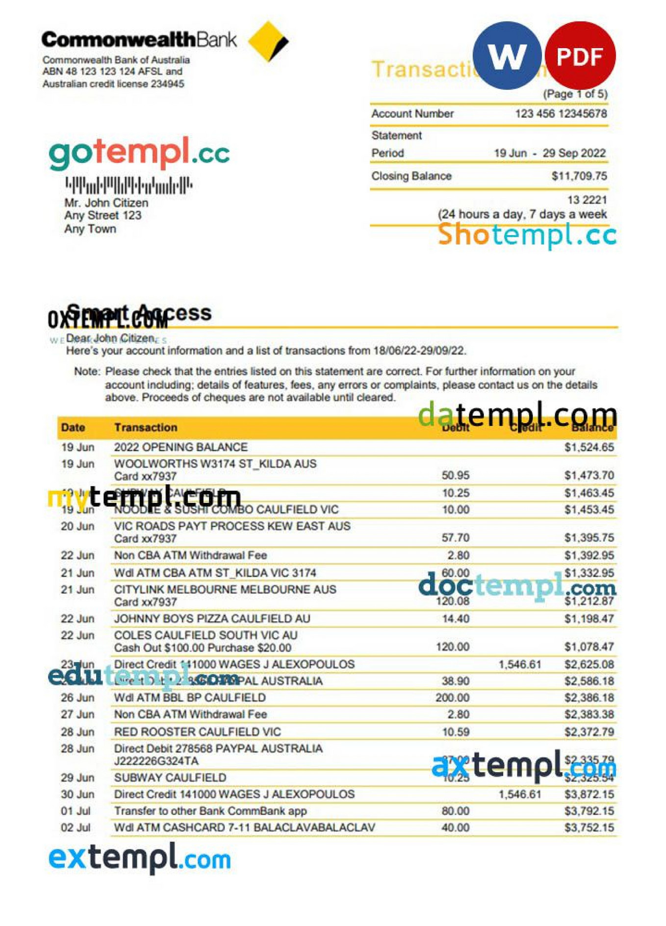 Doctempl - Australia Commonwealth bank statement, Word and PDF template ...
