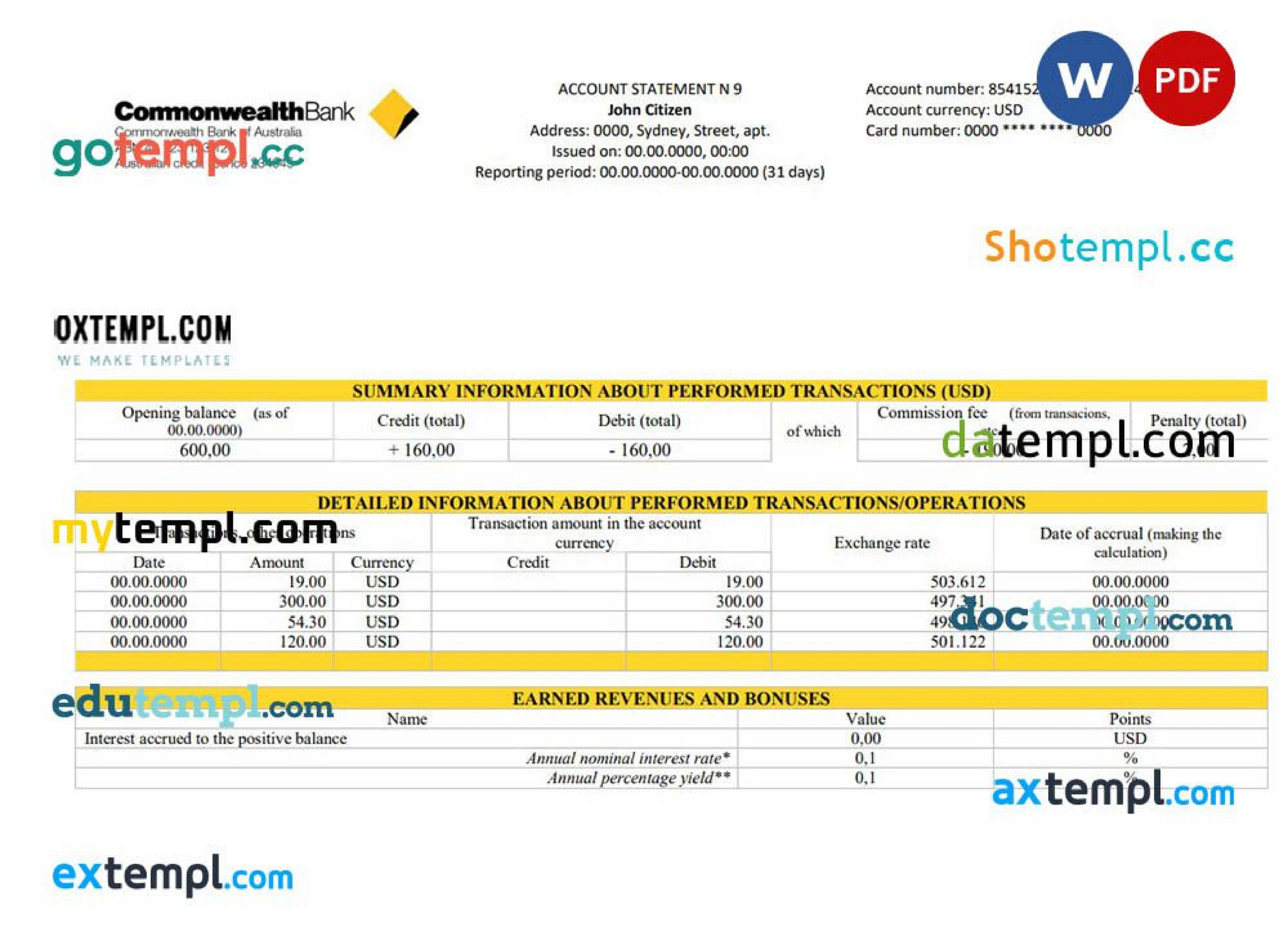 Doctempl - Australia Commonwealth account proof of address bank statement, Word and PDF template ...